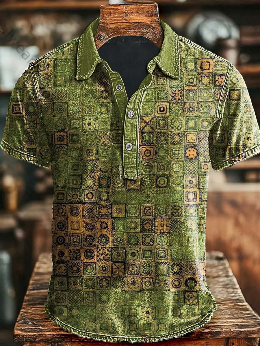 LorealwearVintage Art Abstract Plaid Print Casual Polo Shirt
