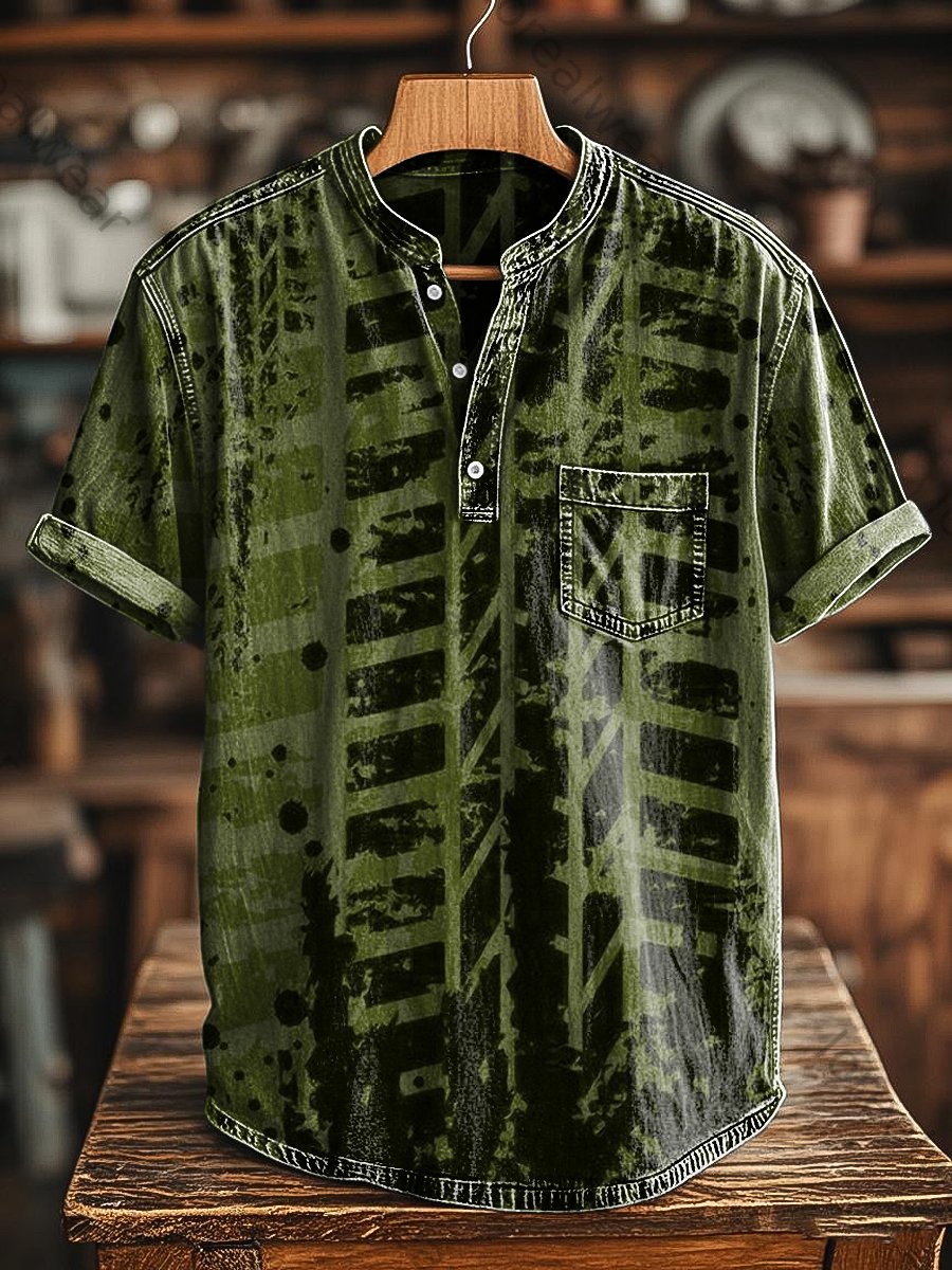 LorealwearVintage Abstract Army Green Line Art Print Casual Henley