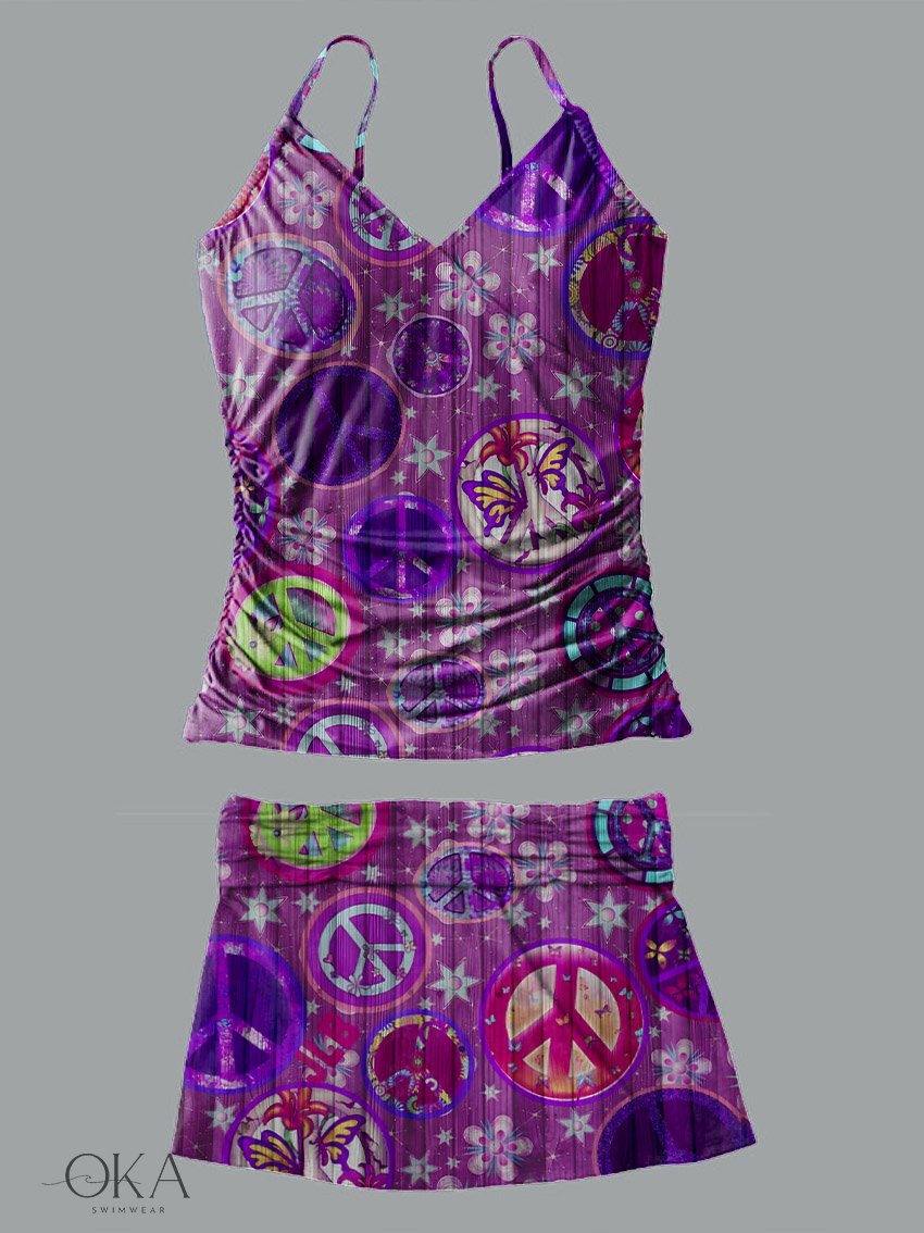 V-Neck Retro Hippie Peace Art Print Suspender Skirt Tankini Pantskirt ...