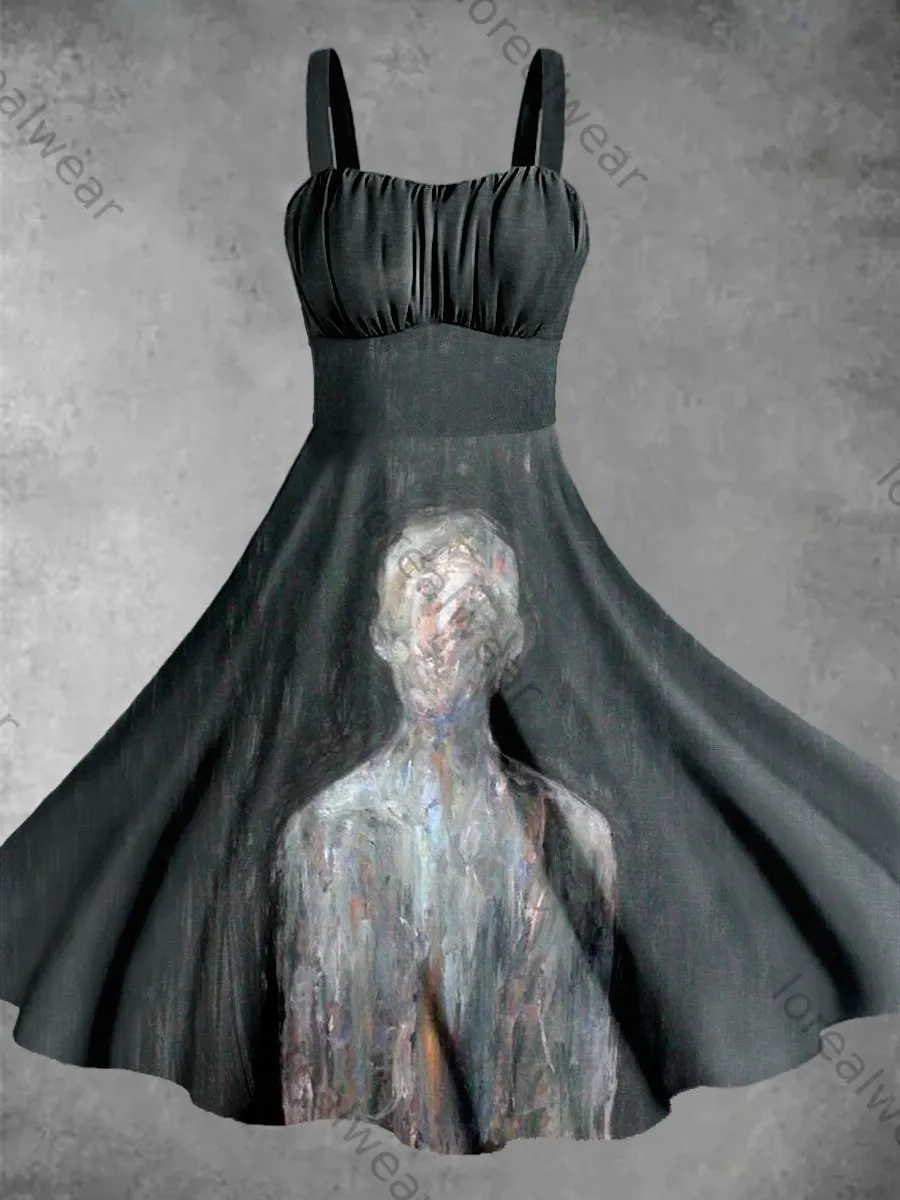 Abstract Harror No-Face Man Print Midi Daily Dress