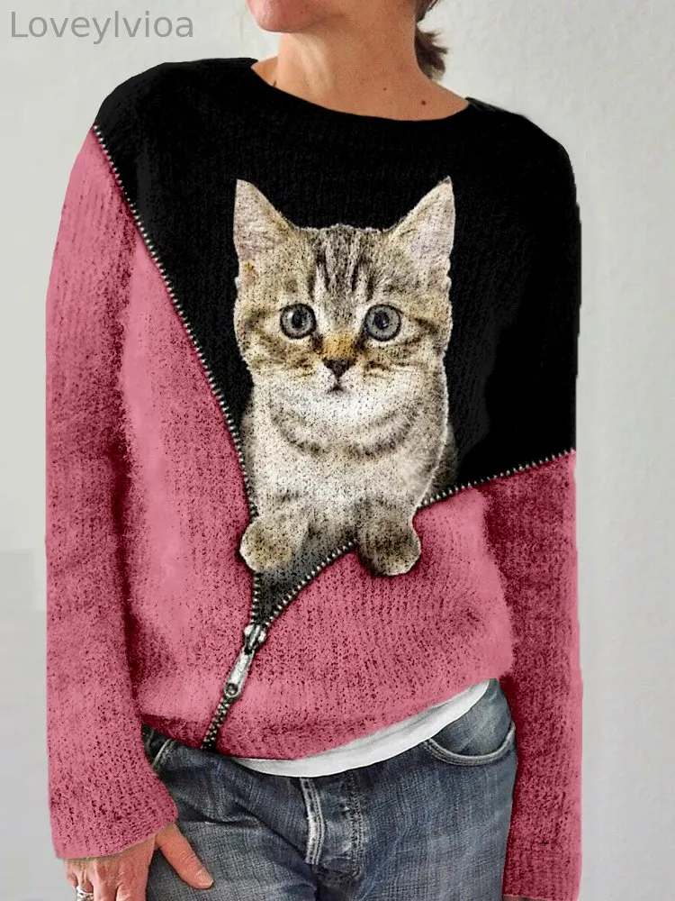 Lovely Cat Pattern Contrast Cozy Sweater